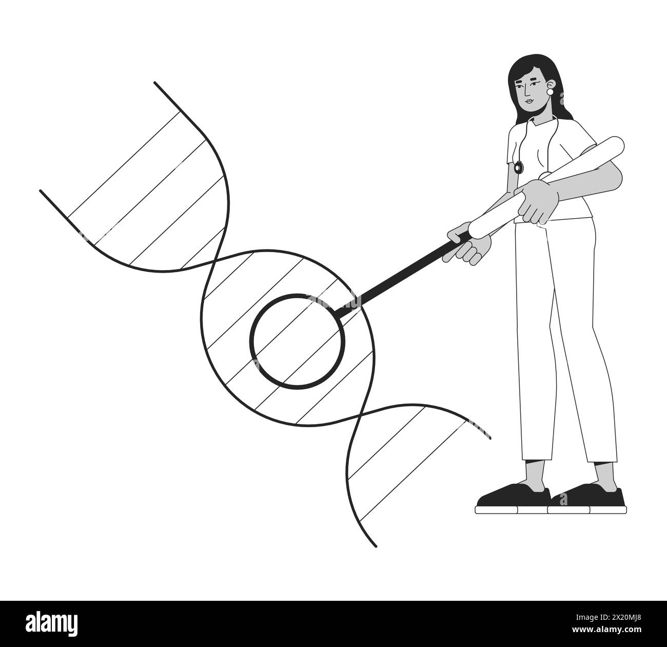 Female doctor researching dna helix black and white 2D line cartoon ...