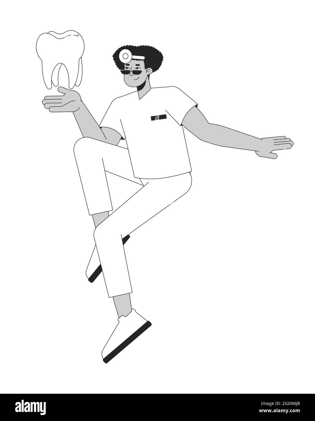 Positive stomatologist holding healthy tooth black and white 2D line ...