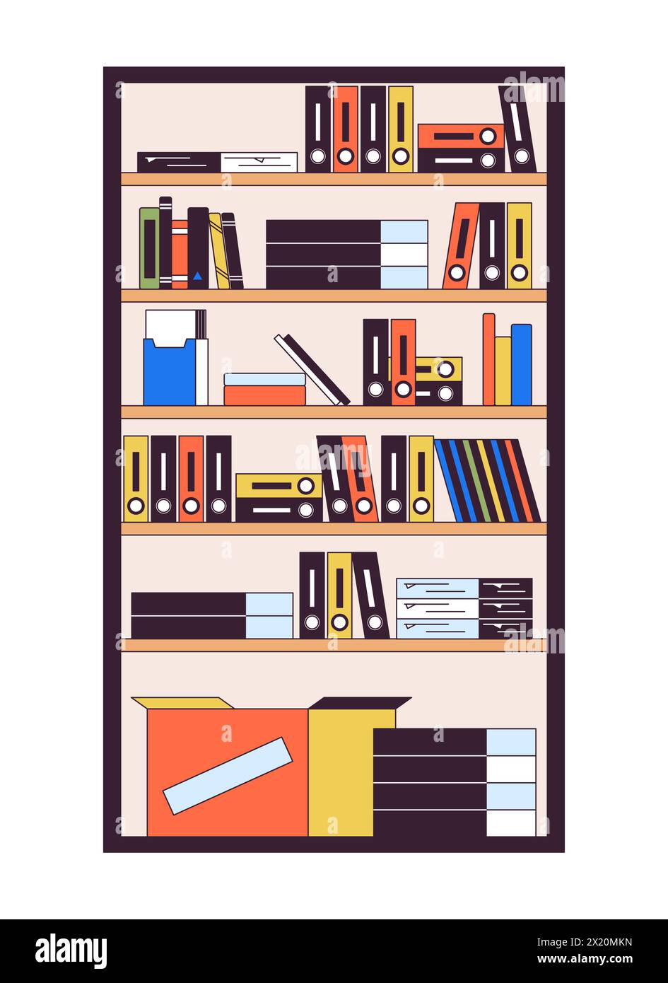 Bookcase filled with folders and boxes 2D linear cartoon object Stock ...