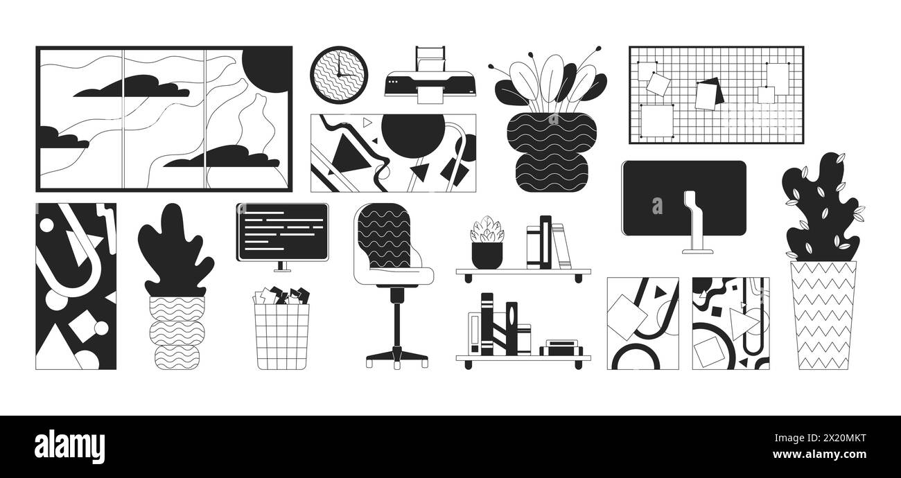 Office Interior Design Details Black And White 2d Line Cartoon Object Set Stock Vector Image