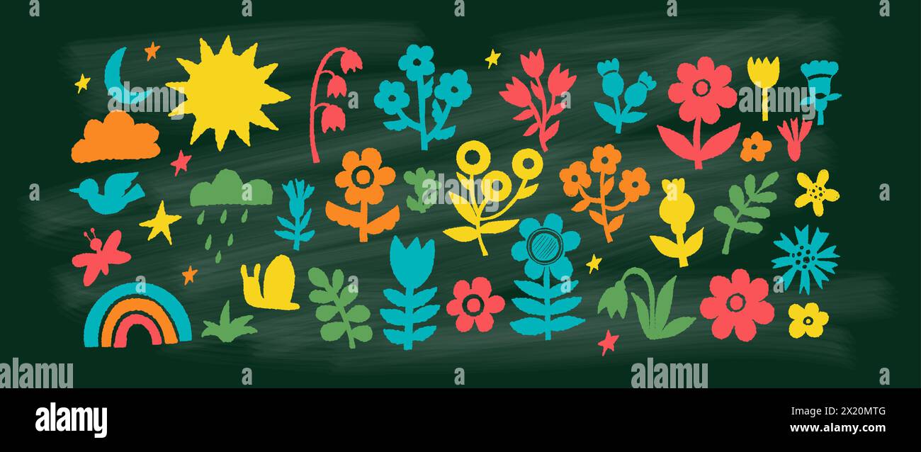 Texture chalk nature hand drawings on green chalk board background ...