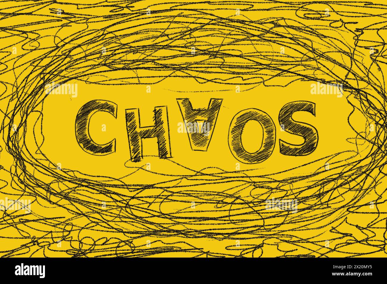 Lettering CHAOS inside of tangled handwritten mess scribble or doodle ...