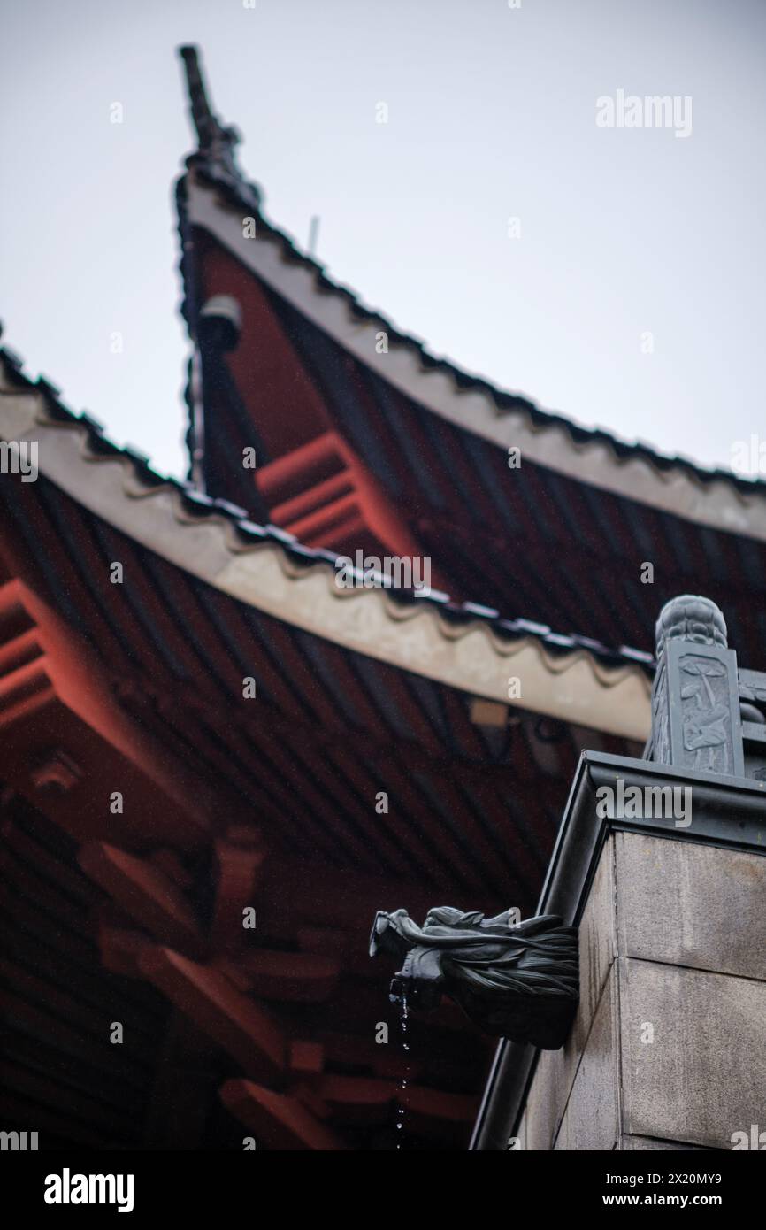 Rain waters drip down from a structure at Donglin Temple in Zhujingzhen ...