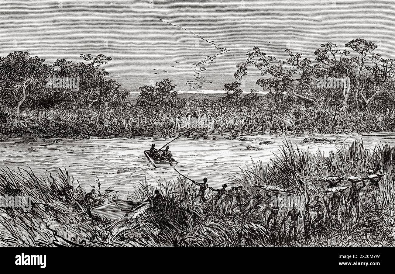 Crossing the river using canoe sections, Tanzania, East Africa. Drawing ...