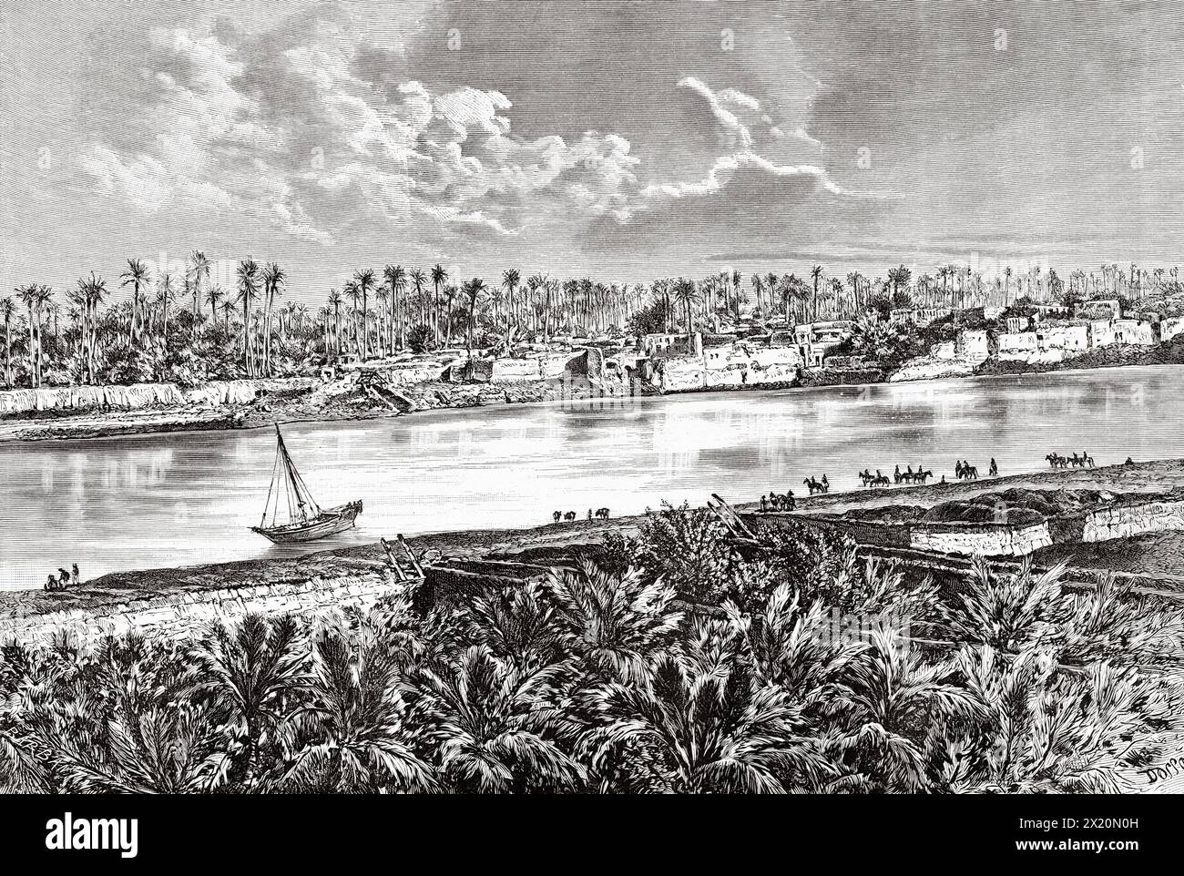 Banks of the Euphrates River in Hillah, Iraq. Middle East. Drawing by ...