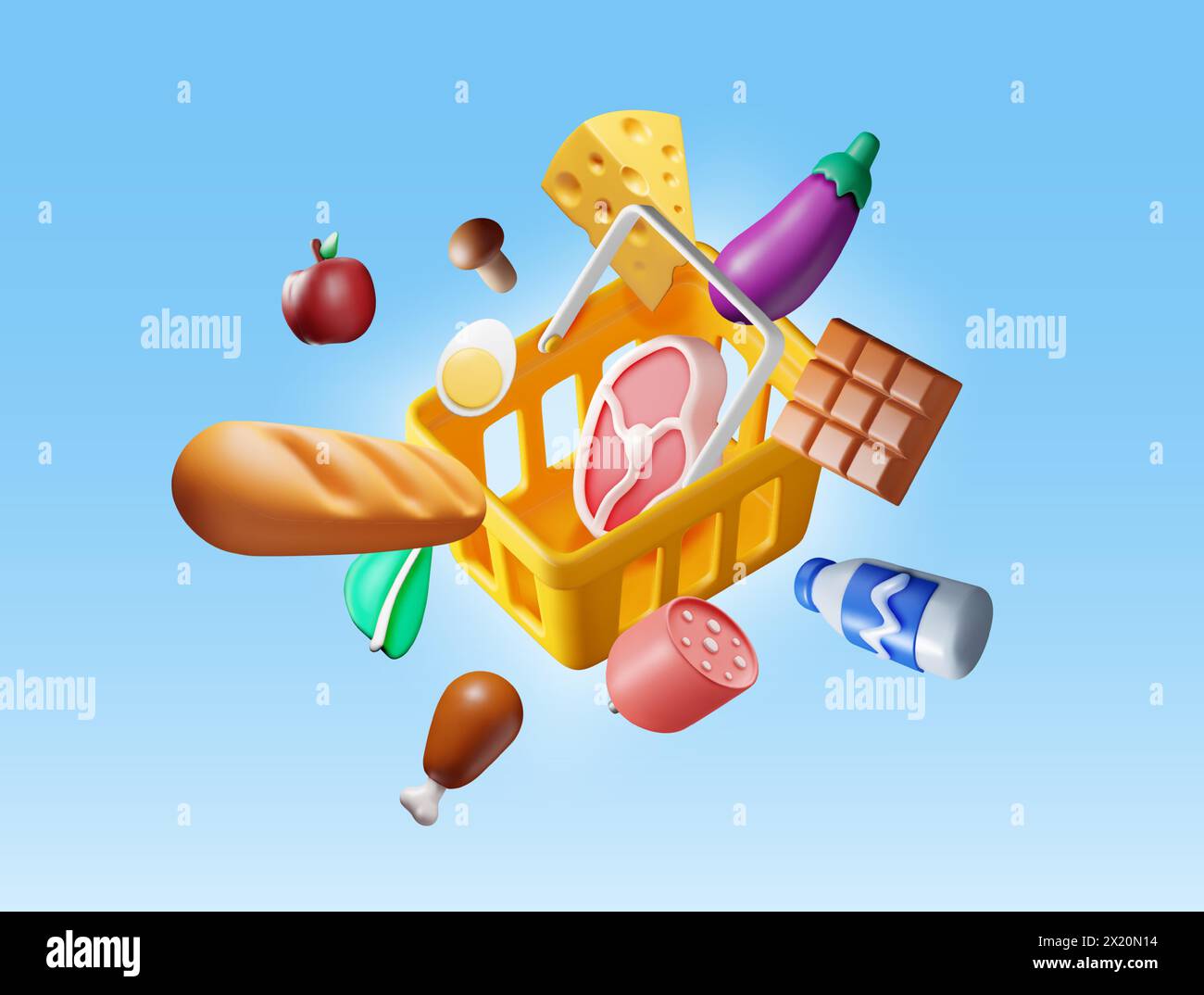 3d shopping plastic basket with fresh products render grocery store hi ...