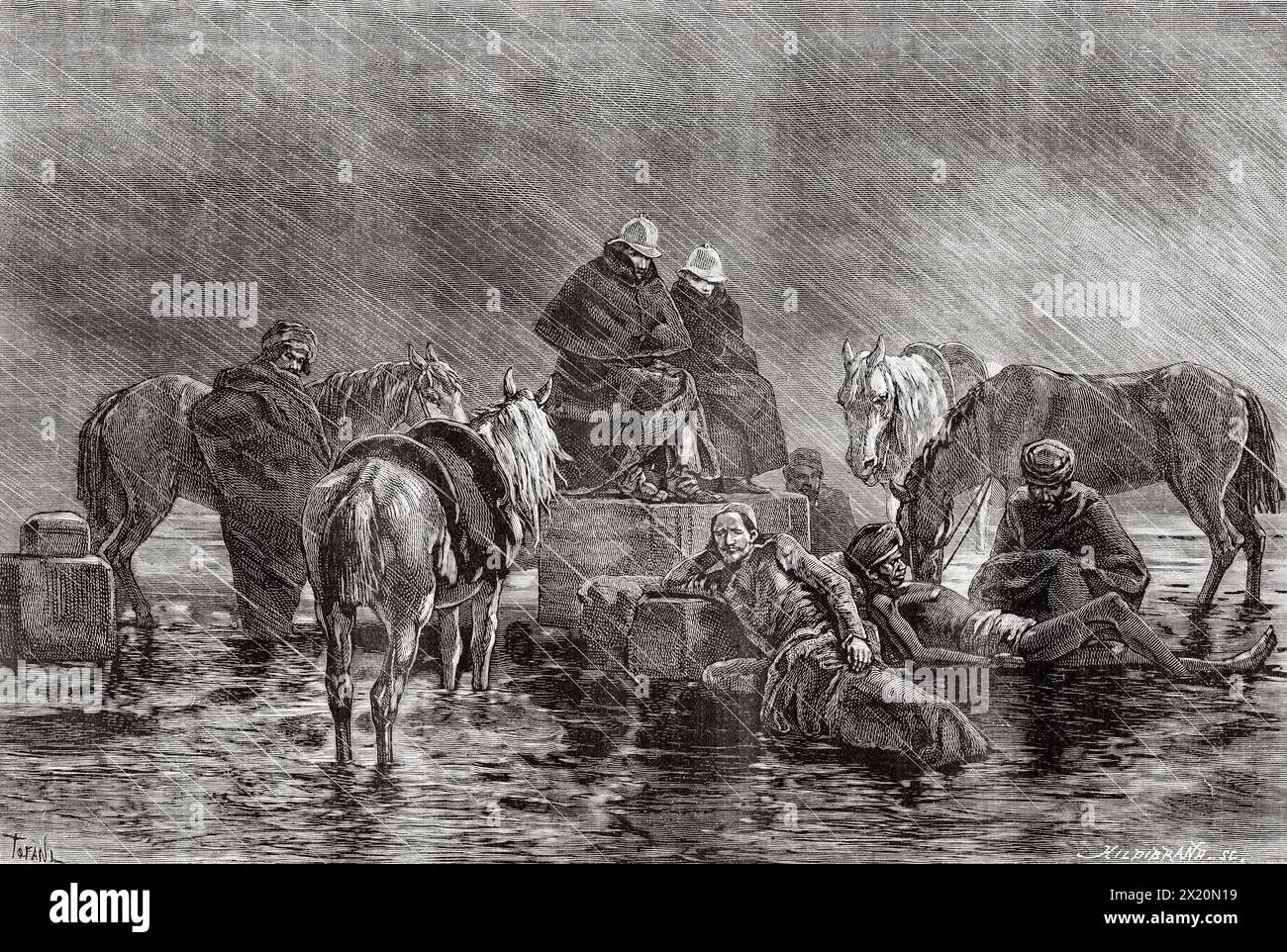 The expedition rests under a rainy night, Iraq. Middle East. Drawing by ...