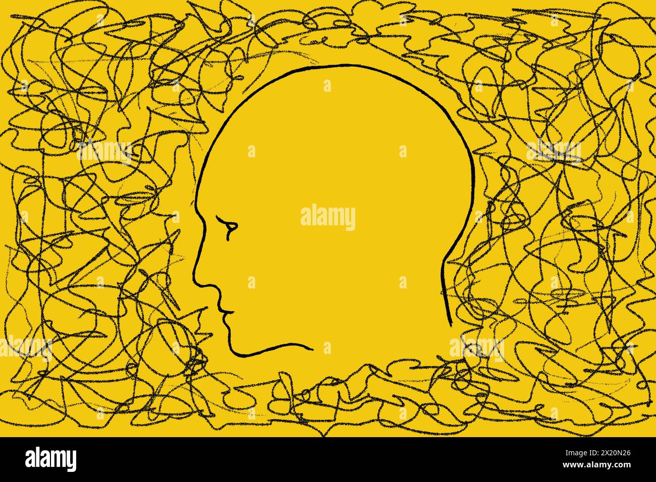 Silhouette of human head with tangled line outside. Illustration on ...
