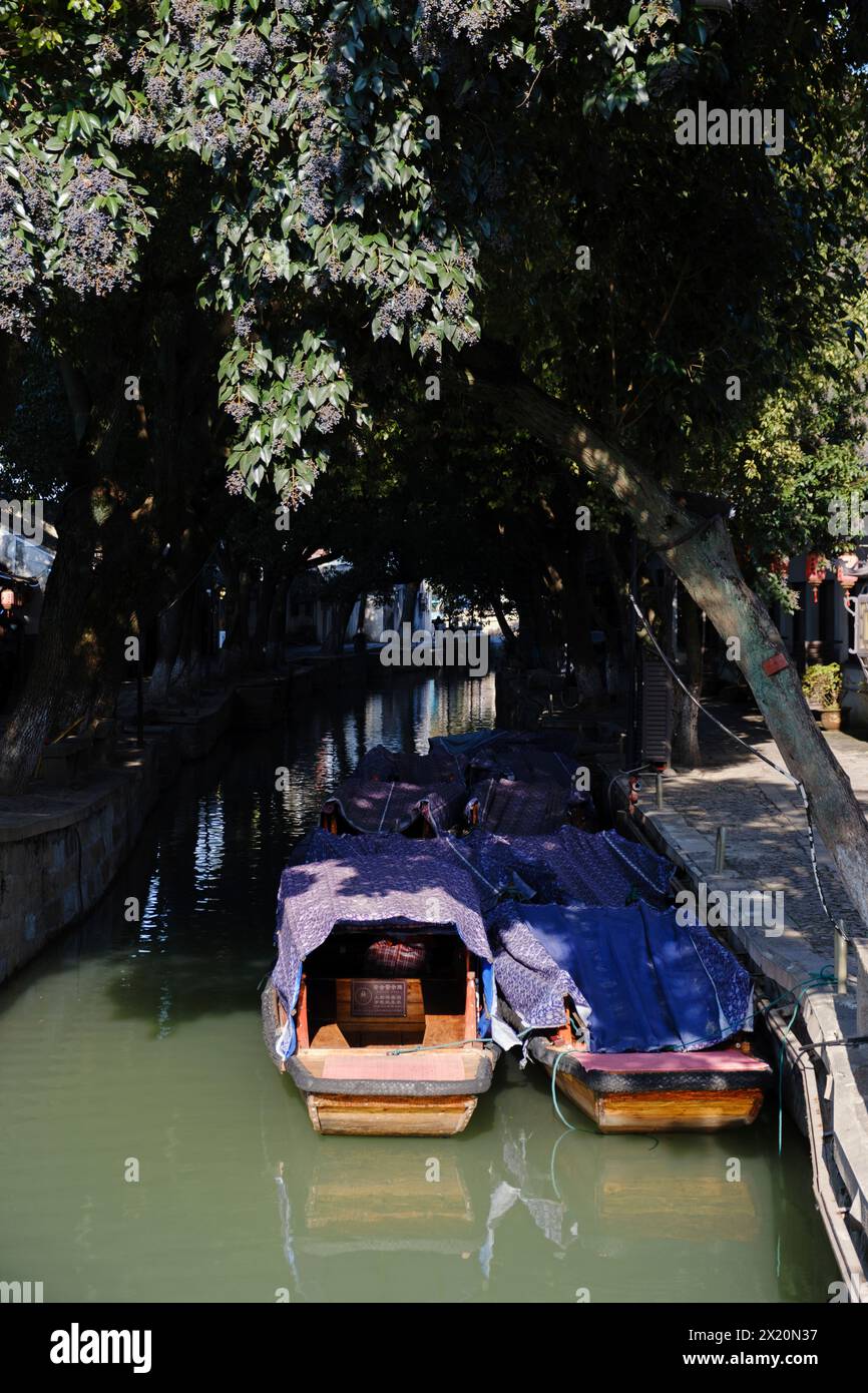 Tourist boats on a canal at Tongli water town in Wujiang district of ...