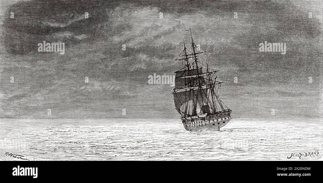 A boat sailing in a sea of milk in the Philippines, South Asia. Drawing ...