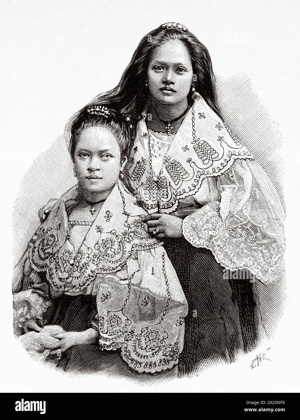 Native mestizo Indian women of Manila, Philippines, South Asia. Drawing ...