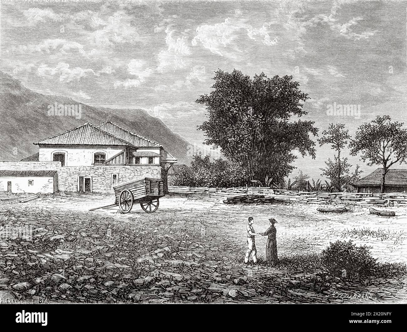 Hacienda in Jalajala, Manila, Philippines, South Asia. Drawing by Alexandre de Bar (1821 - 1908 ...