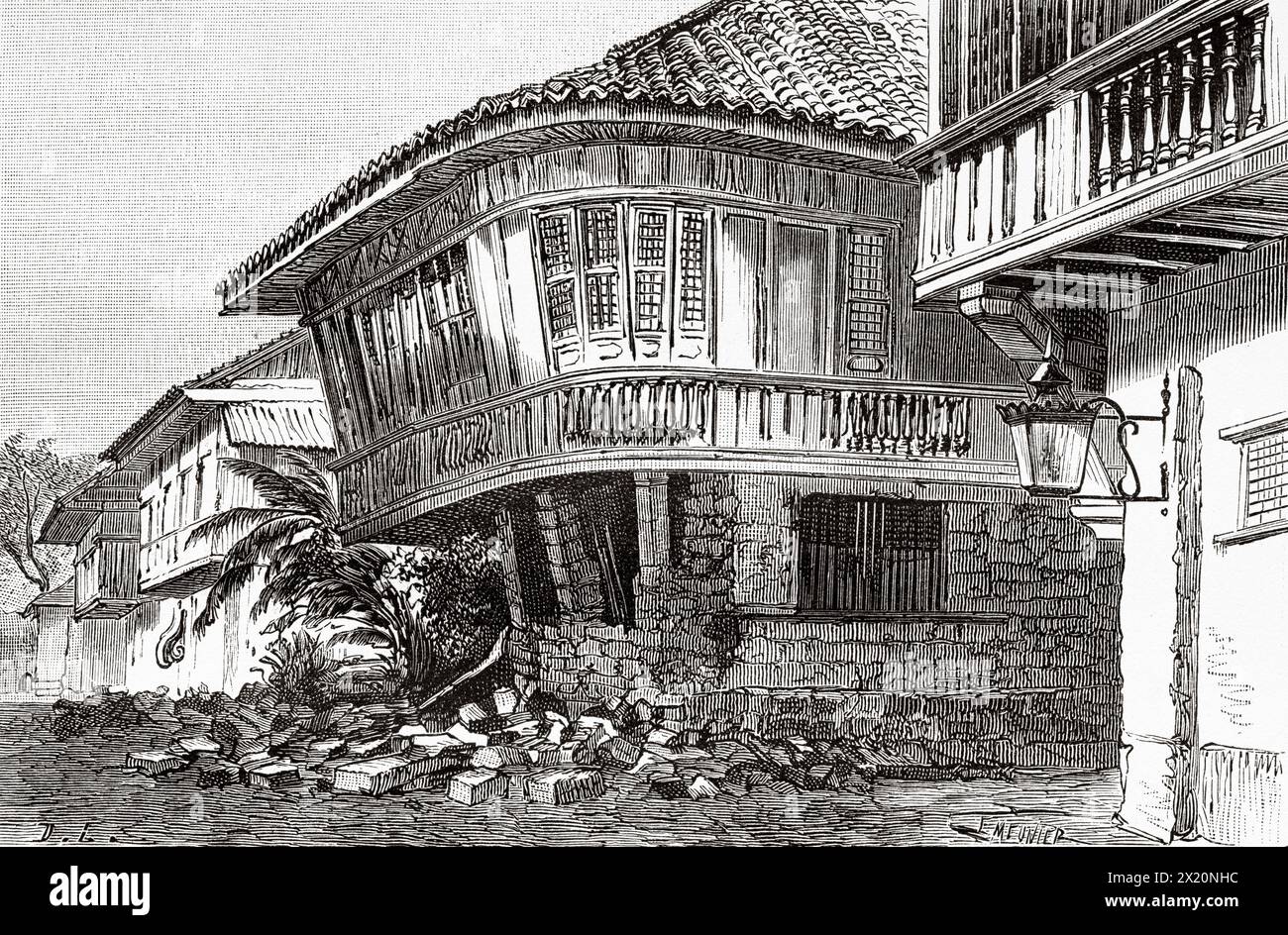 House after the earthquake of July 18, 1880 in Manila, Philippines, South Asia. Drawingg by ...