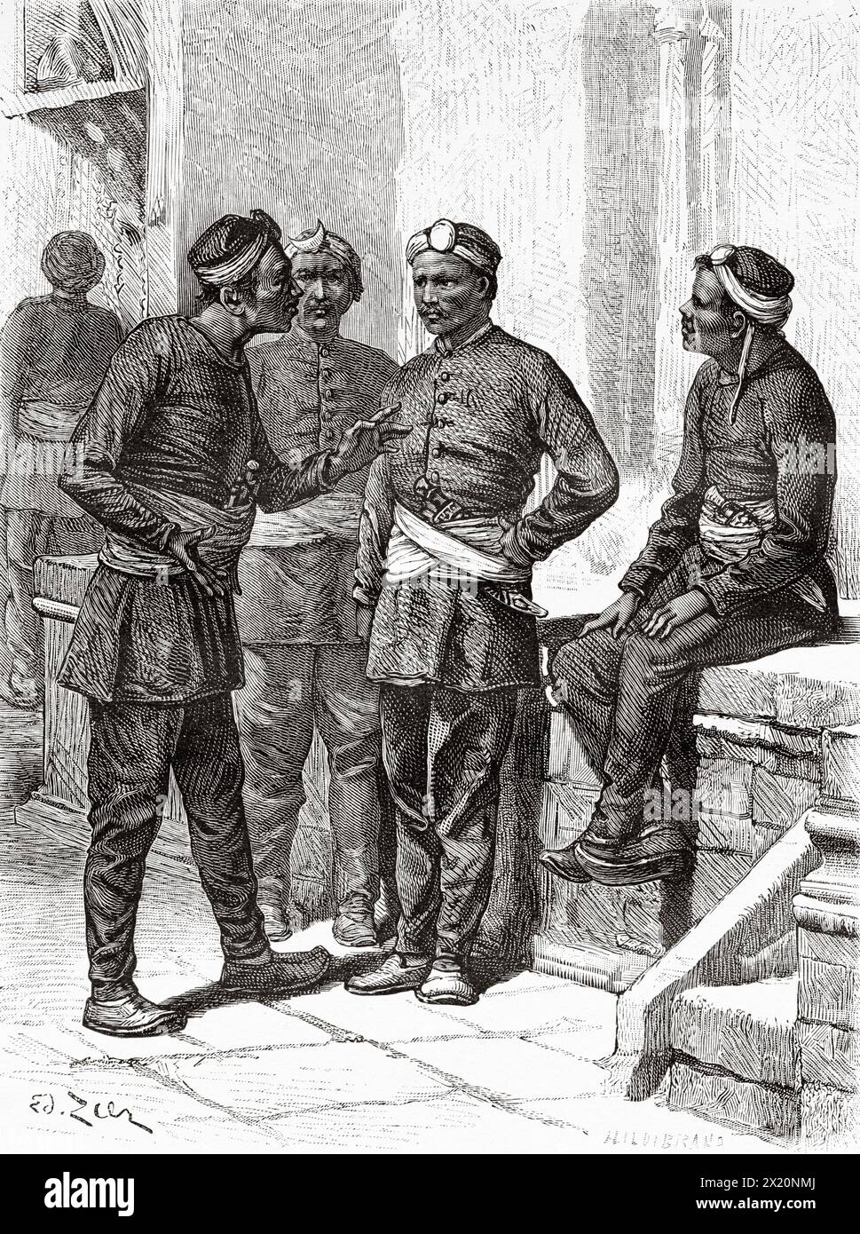 Nepalese soldiers in Patan, Lalitpur, Kathmandu. Nepal. Asia. Drawing ...