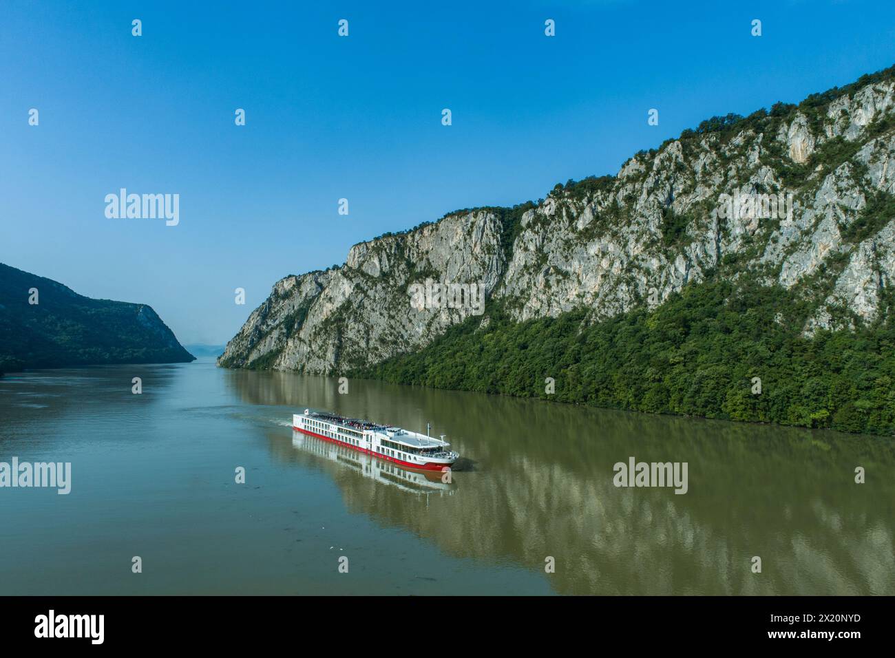 Aerial view of river cruise ship Bolero (Nicko Cruises) in the Iron ...