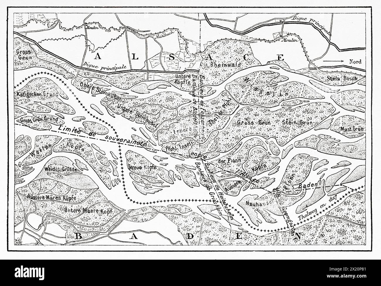 Course of the Rhine river before the correction in 1827, Alsace, France ...