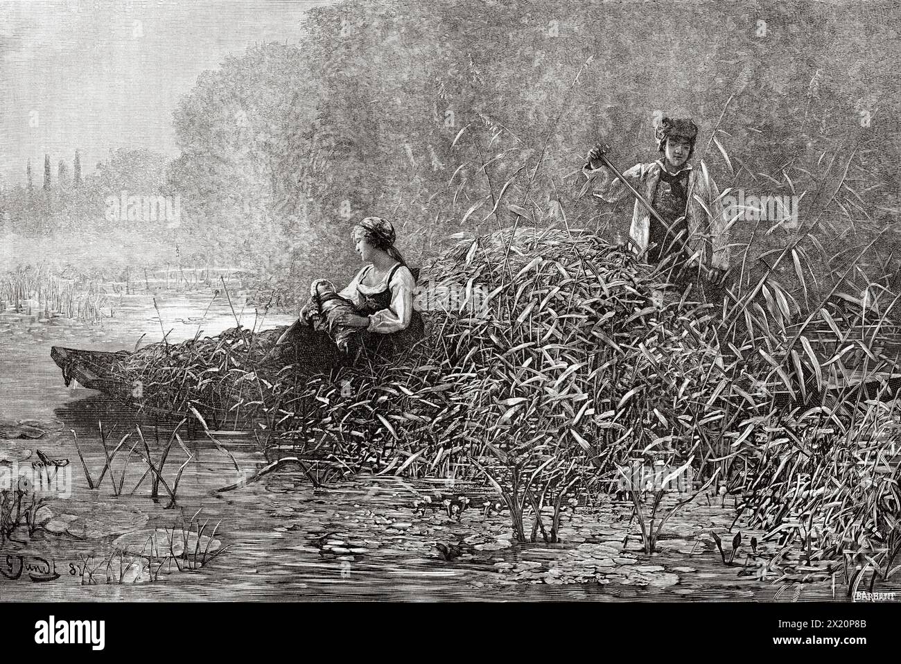 Inhabitants of the islands of the Rhine River, Alsace, France. Drawing ...