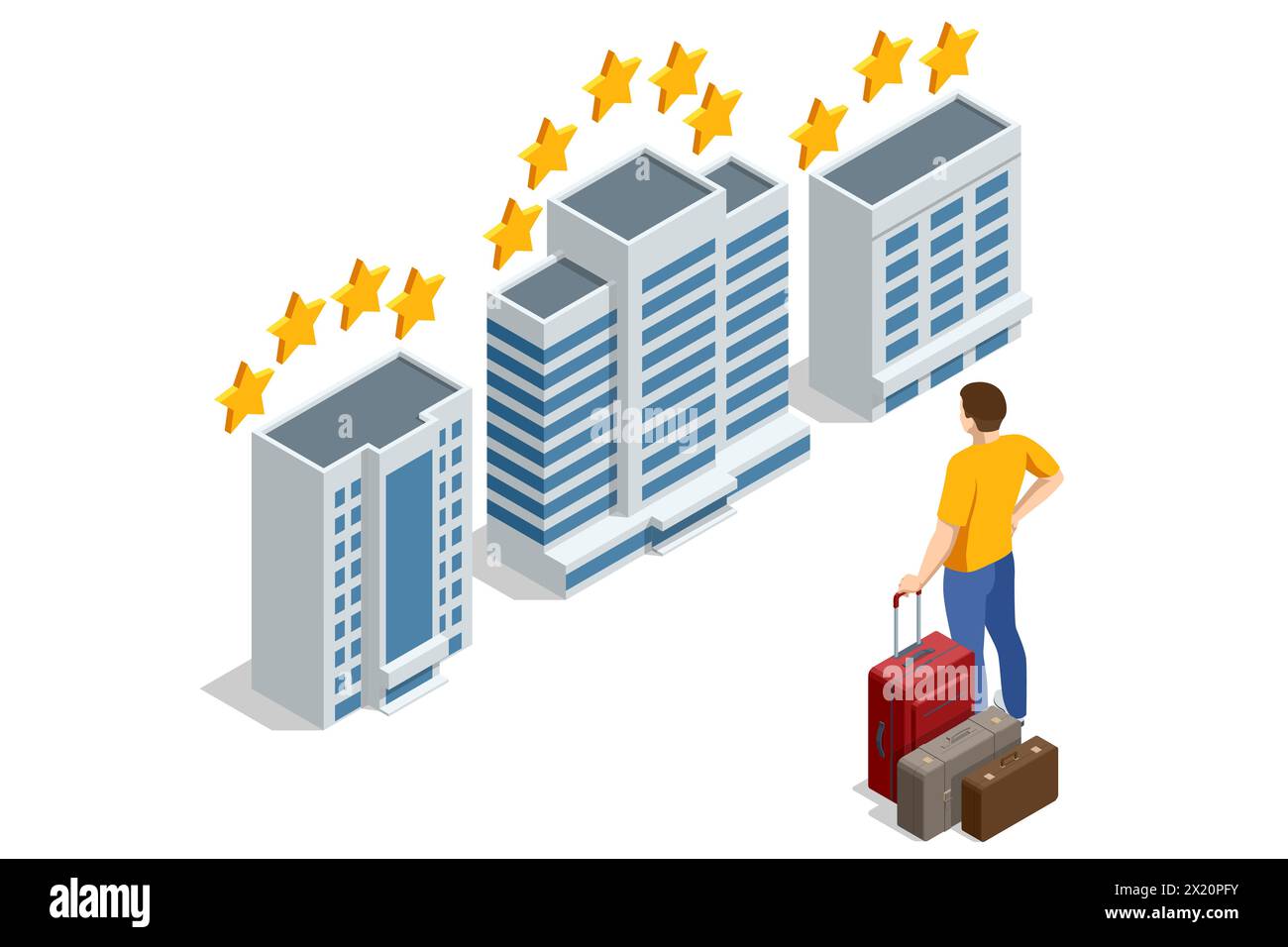 Isometric public hotel building exterior. Five, four, tree stars luxury ...