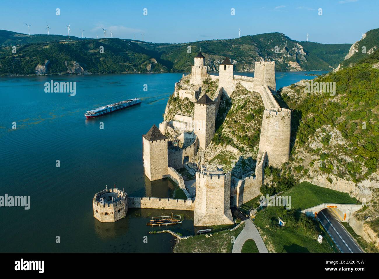 Aerial view of Golubac Fortress in the Iron Gates Gorge of the Danube ...