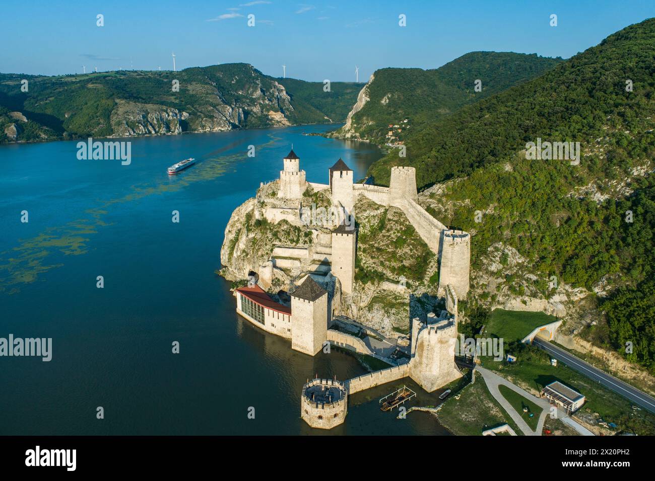 Aerial view of Golubac Fortress in the Iron Gates Gorge of the Danube ...