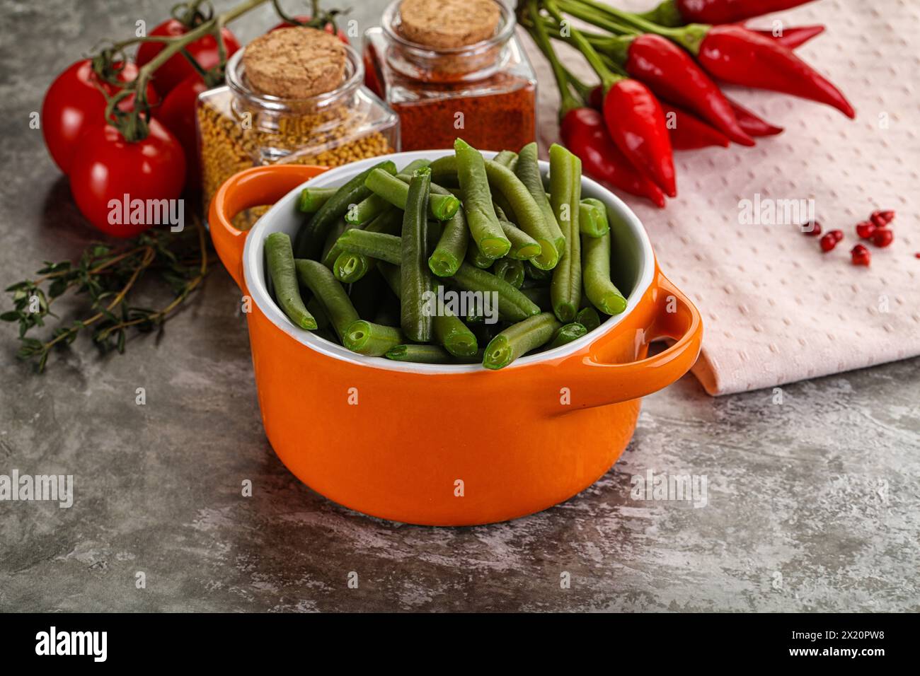 Vegan cuisine - boiled green bean snack Stock Photo - Alamy