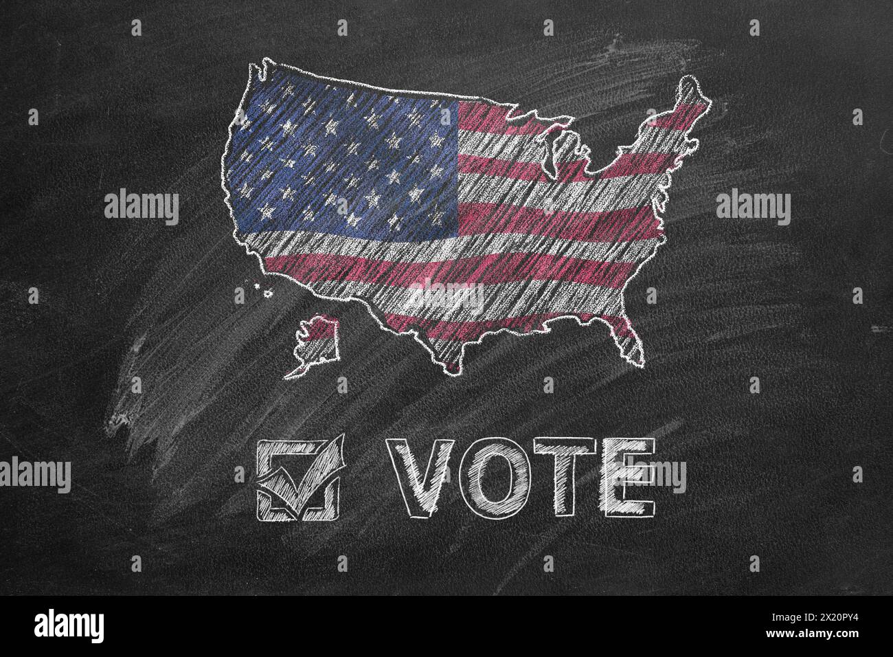 The inscription VOTE and map of US in the colors of the American flag ...