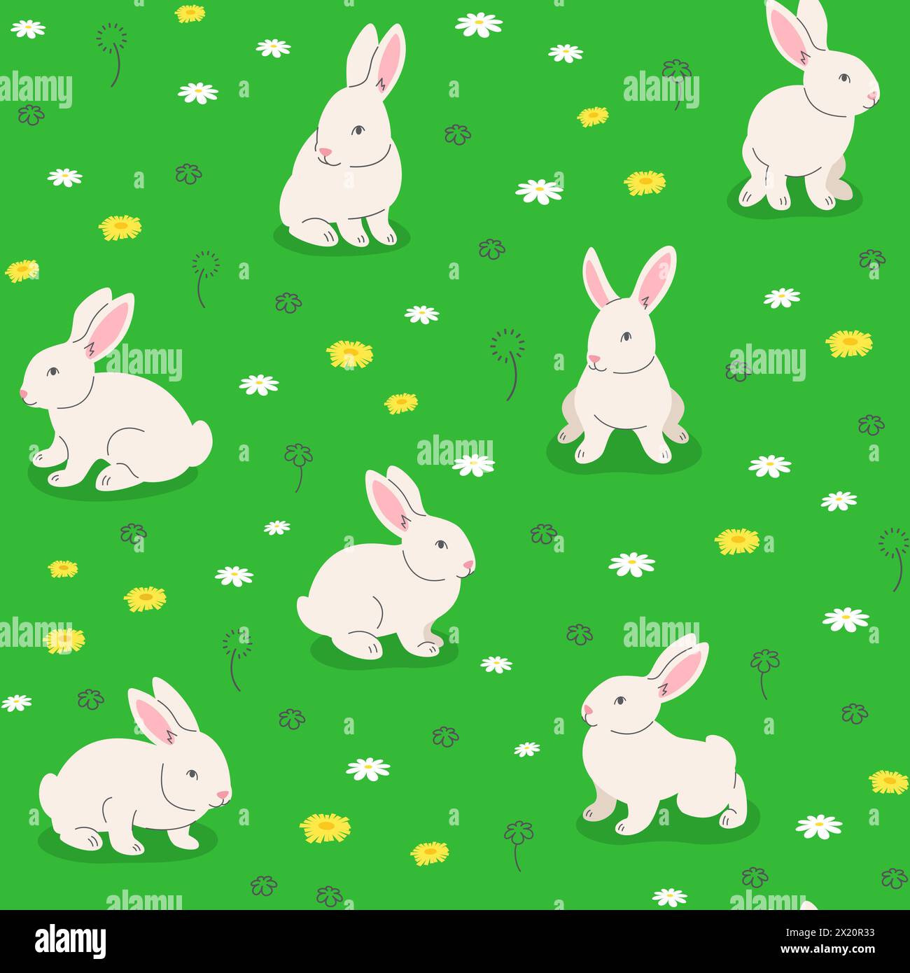 Cute smiling little bunnies playing in green meadow. Seamless ...