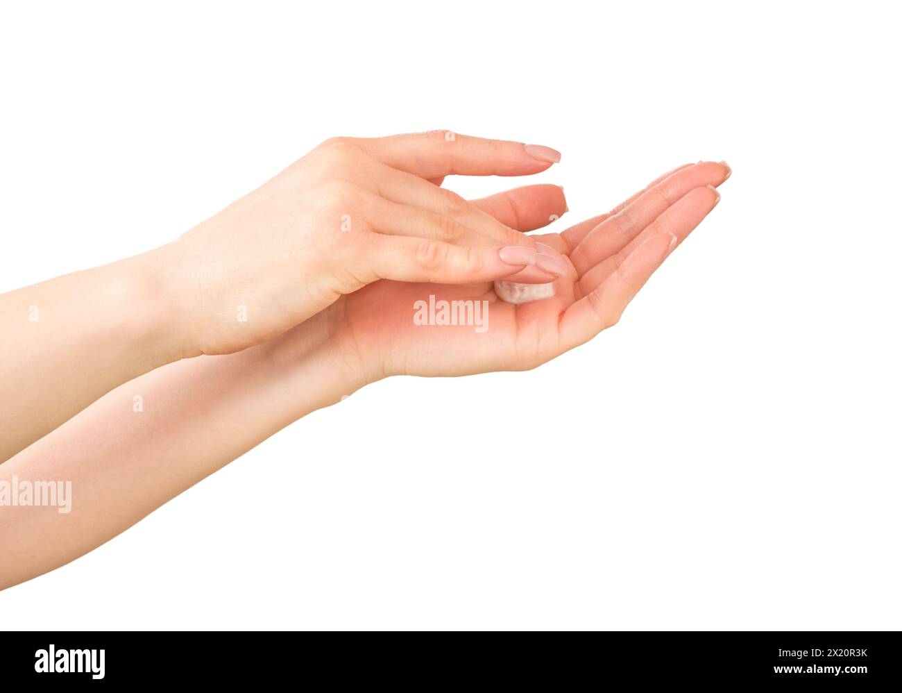 Female hands with f manicure on isolated on white background with ...