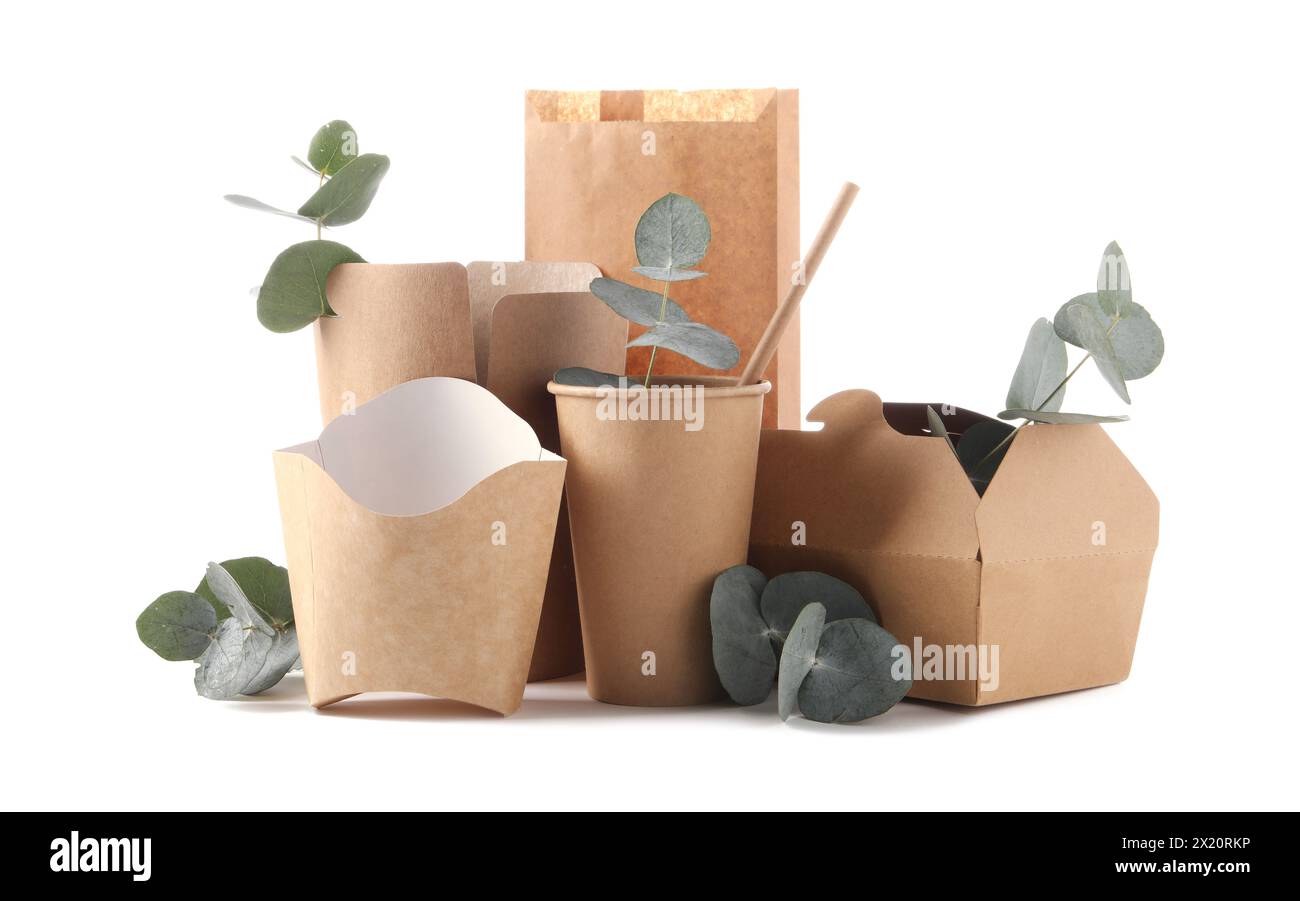Eco friendly packaging. Disposable food containers, paper bag and ...