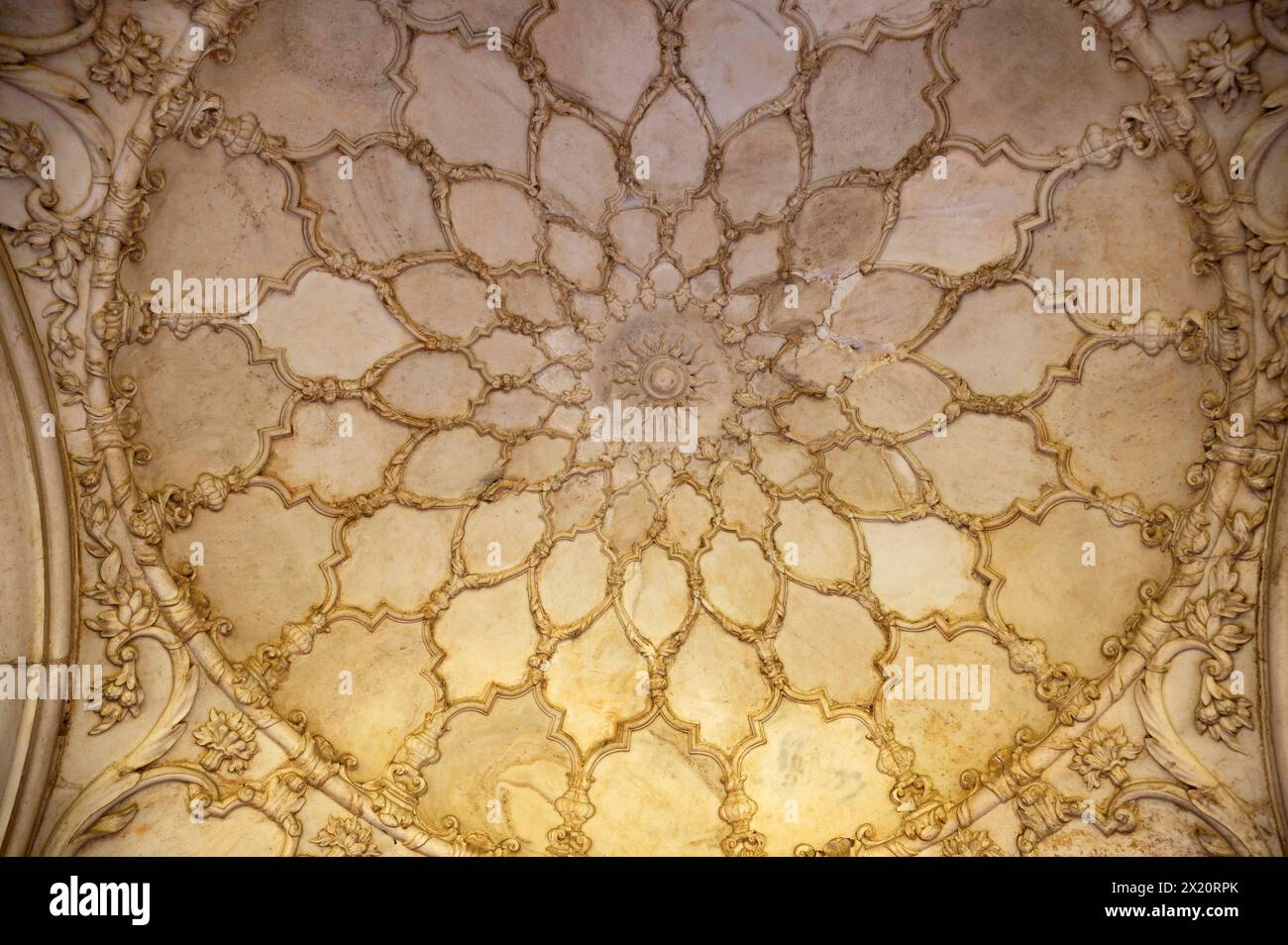 White marble work on the ceiling of a walkway near Machchi Bhavan, Agra ...