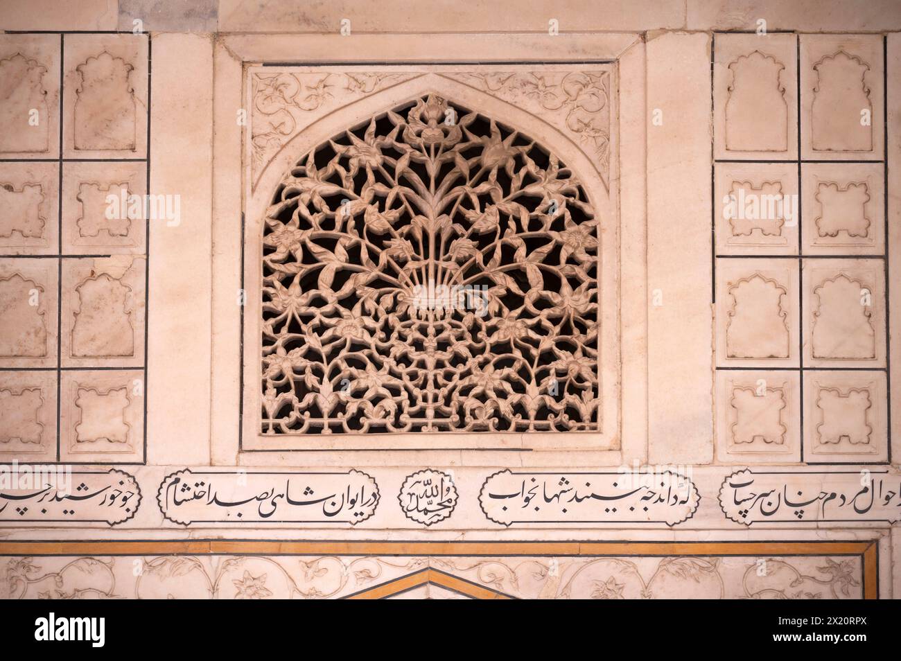 White marble work on the inner wall of Diwan-i-Khas, Agra fort complex ...