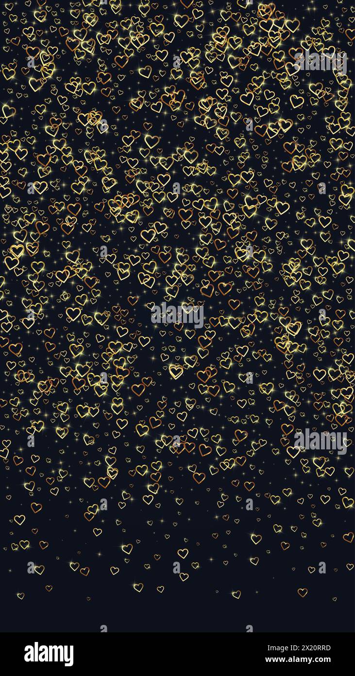 Valentine hearts, flying, falling down, floating. Gold hearts scattered ...