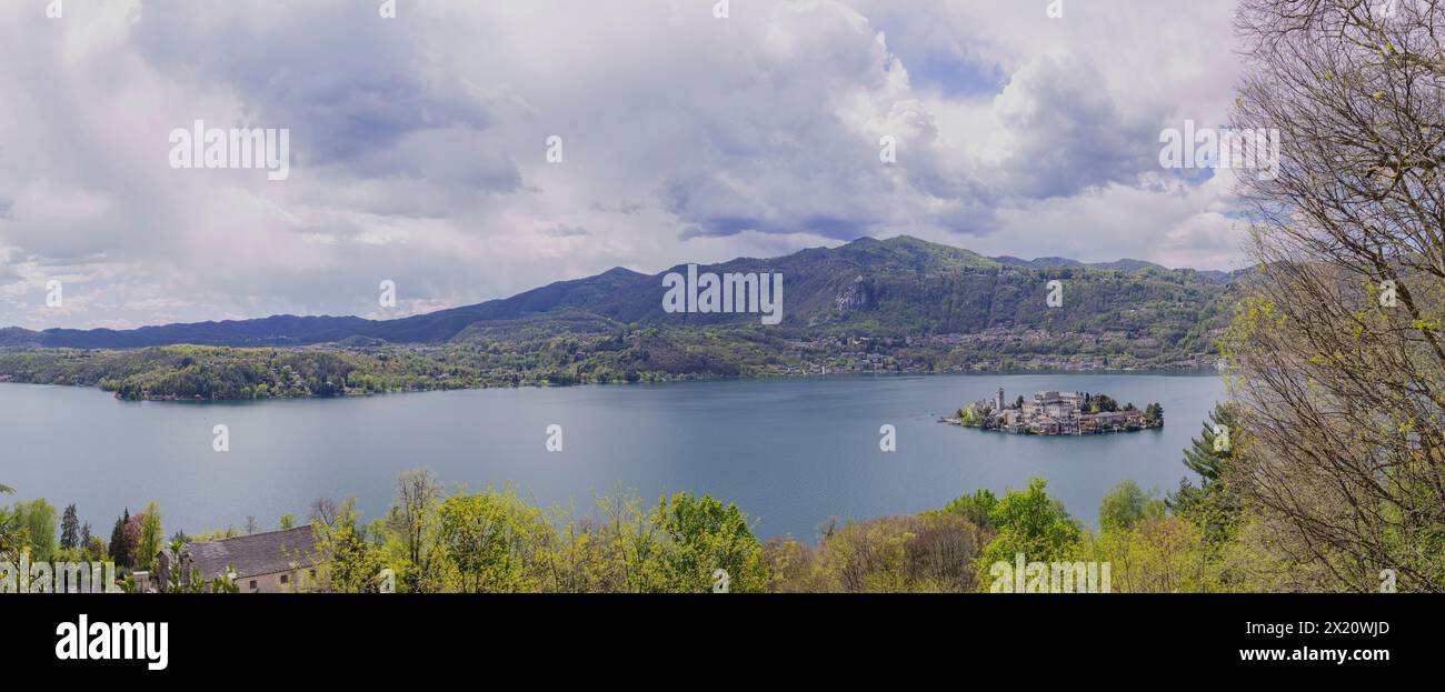 Orta San Giulio, Piedmont, Italy - April 17, 2024: Lake Orta and island ...