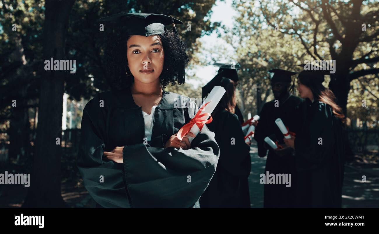 Campus, graduation and black woman in portrait with certificate, cap ...