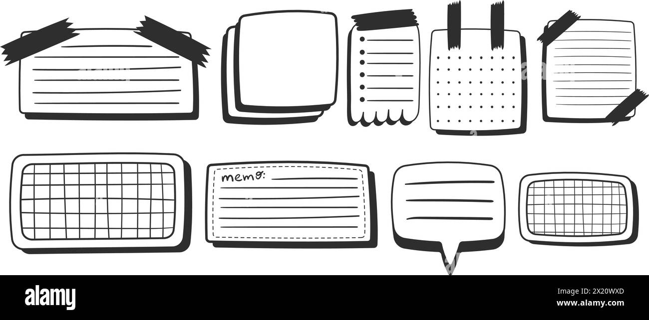 Paper sheets sticker collection in comics style, doodle black and white ...