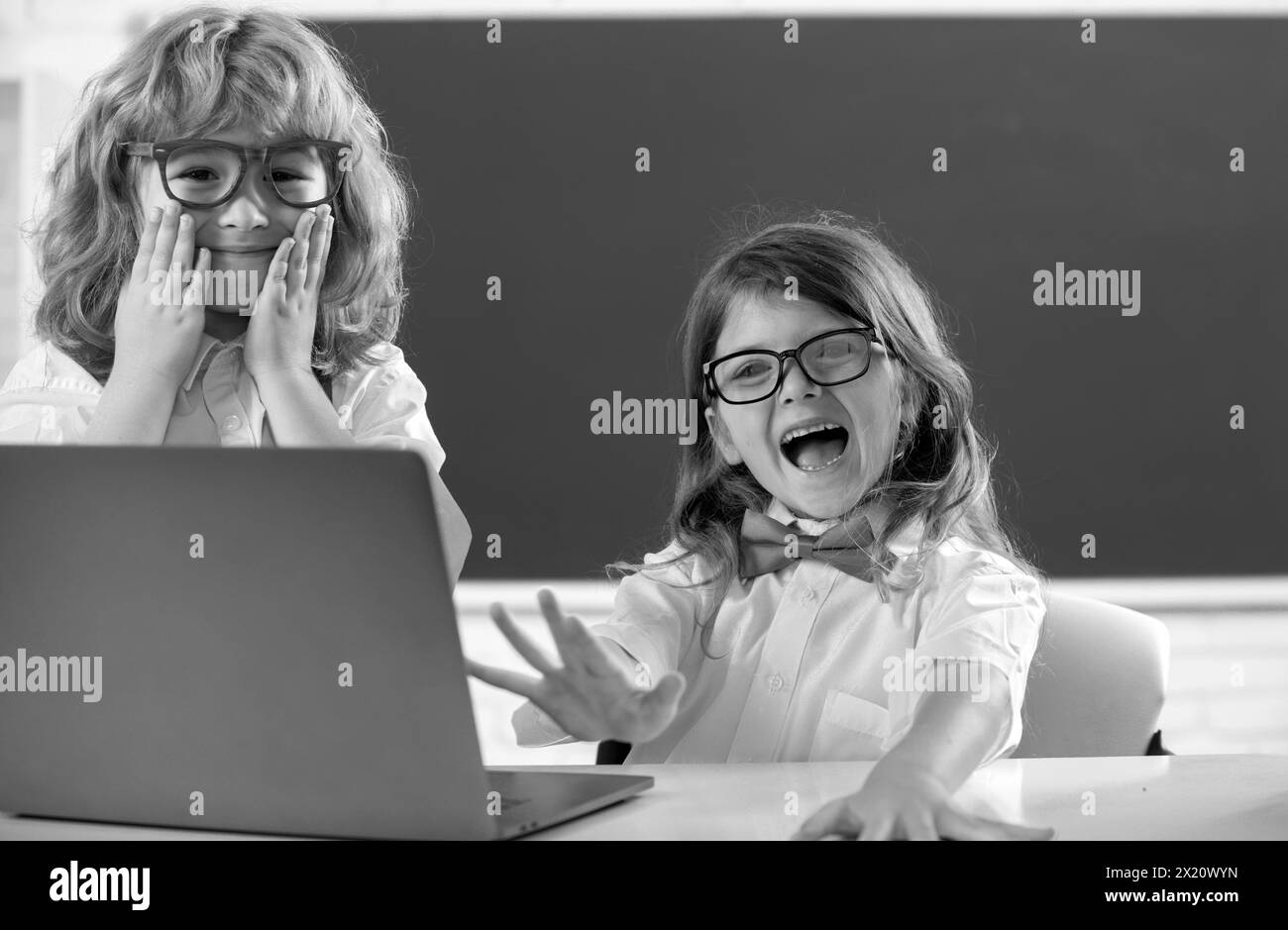 Back to school. Happy girl and boy school friends. Face portrait of two ...