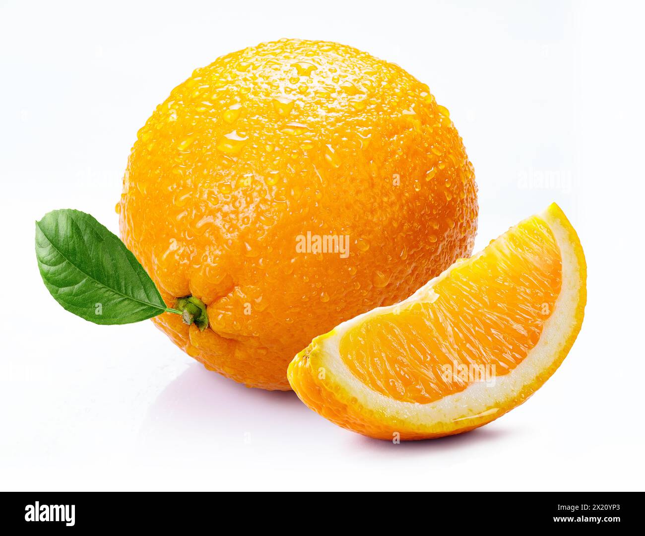 orange with slice and leaf isolated white background Stock Photo - Alamy