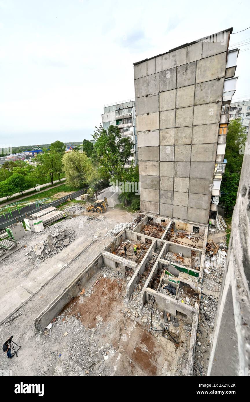 ZAPORIZHZHIA, UKRAINE - APRIL 18, 2024 - Reconstruction works continue ...