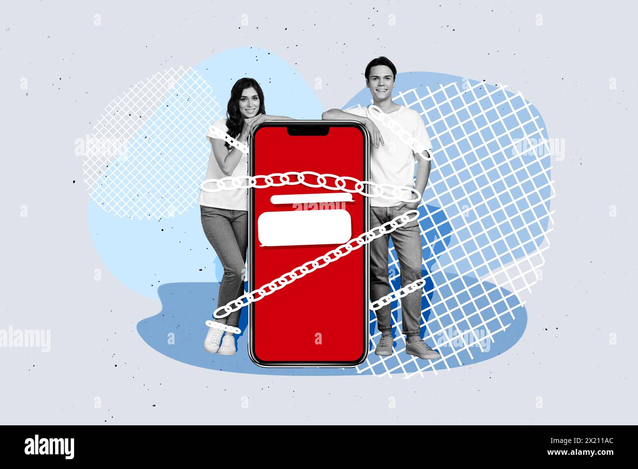 Composite photo collage of happy girl guy dependence iphone screen ...