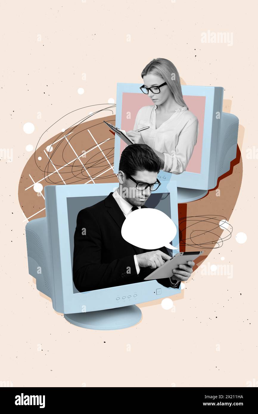 Vertical photo collage of colleagues video computer monitor girl write ...