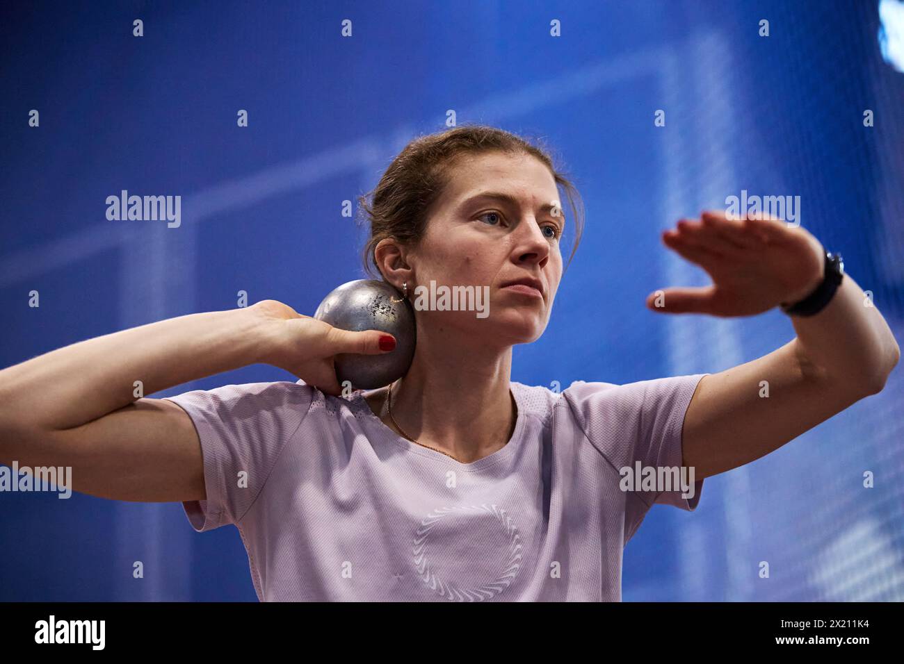 Female shot putter prepares for a throw at a Pentathlon Shot Put ...