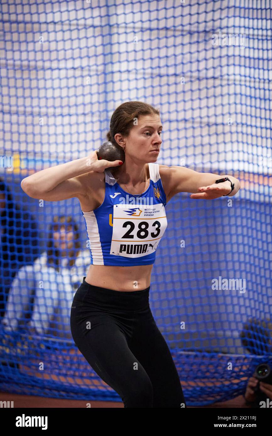 Athlete Kateryna Potapenko prepares to throw a shot at Pentathlon Shot ...