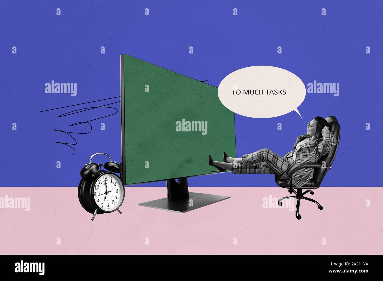 Composite photo collage of lazy businesswoman sit chair crossed legs ...