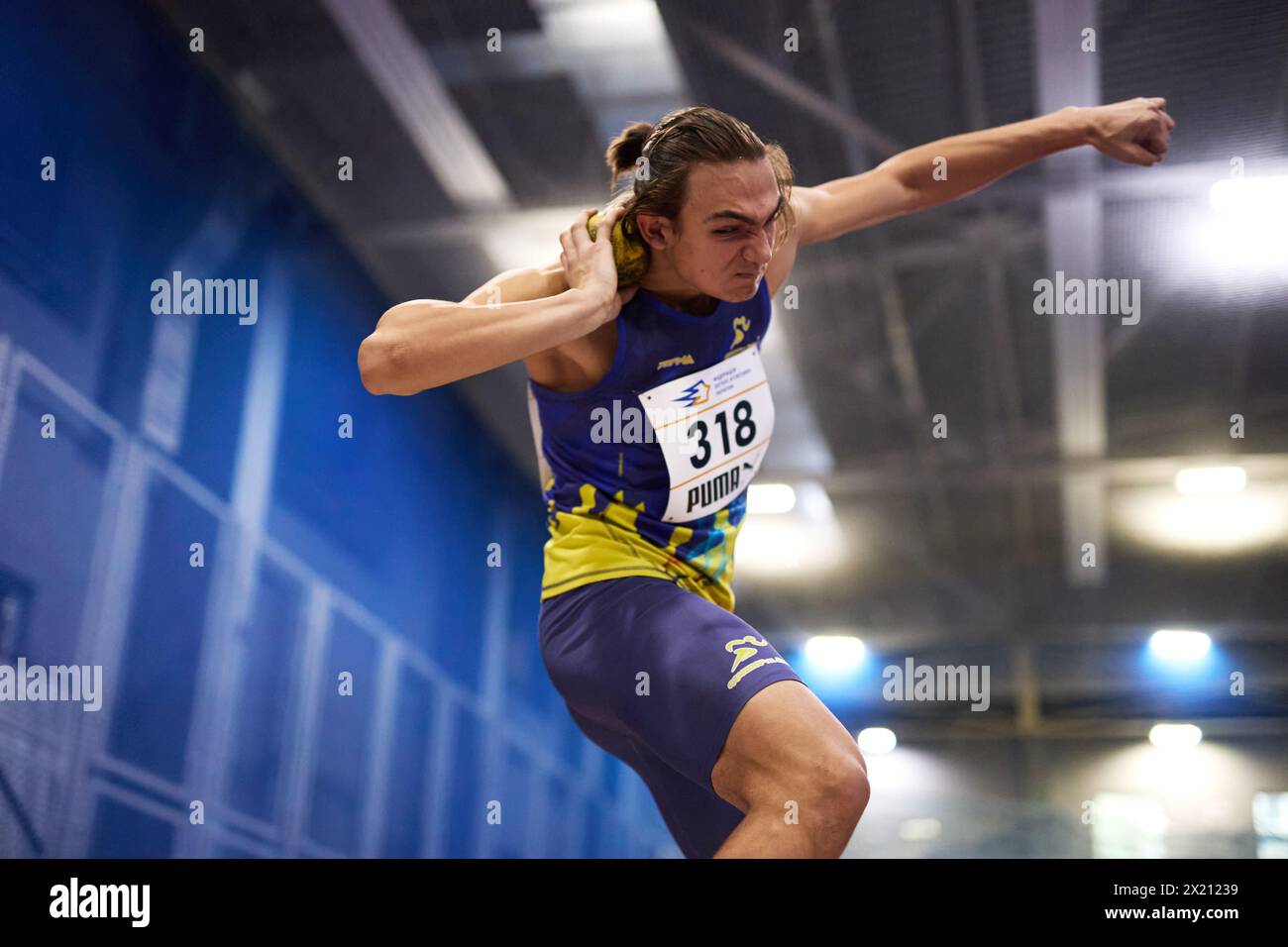 Heptathlon Shot Put 7,260 kg Men Final. Athlete Illia Polevyk throwing ...