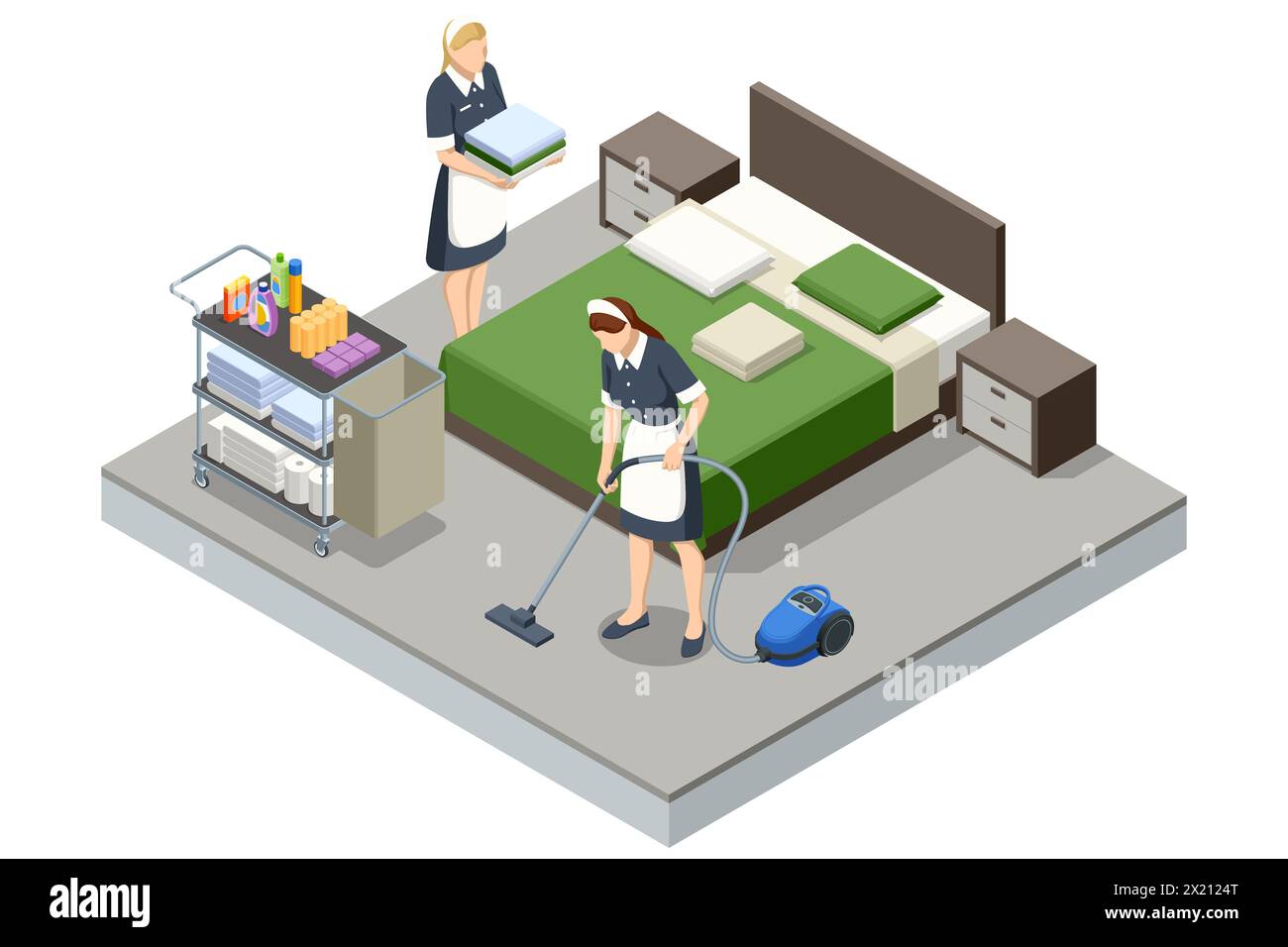 Isometric Professional chambermaids cleaning floor in hotel room ...