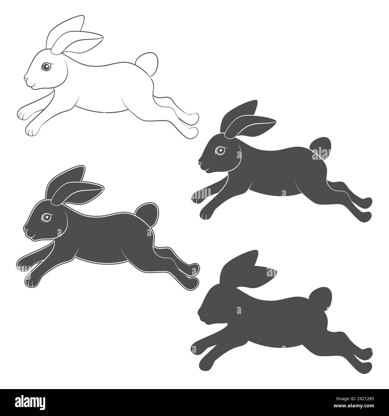 Set of black and white illustrations with cute jumping bunny. Isolated ...