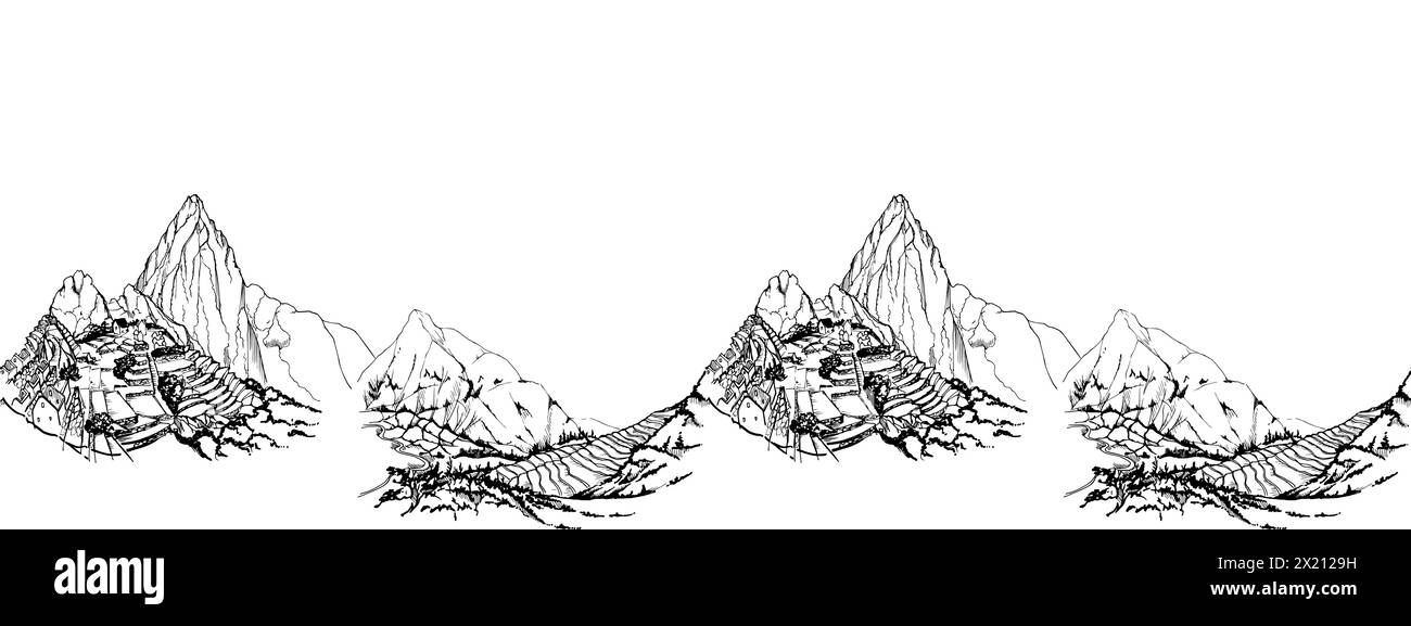Hand drawn ink vector illustration, mountain landscape scenery Central ...