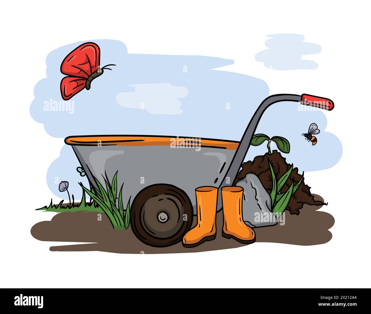 Bright vector hand drawn illustration of garden tools, cart, rubber hoe ...