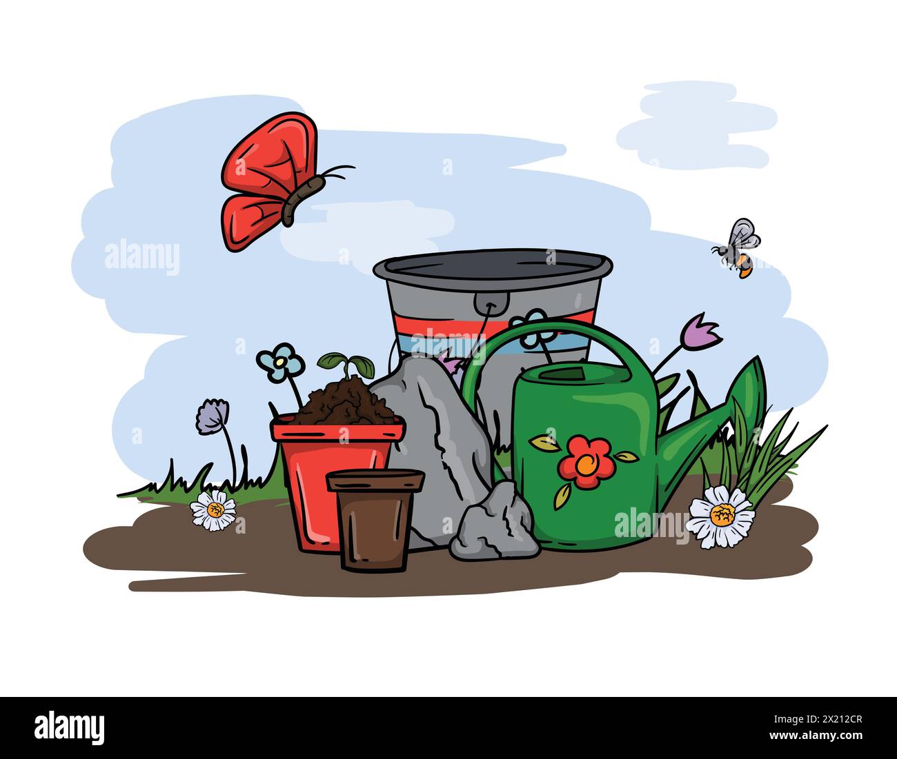 Bright vector hand drawn illustration of garden tools, bucket, flower ...