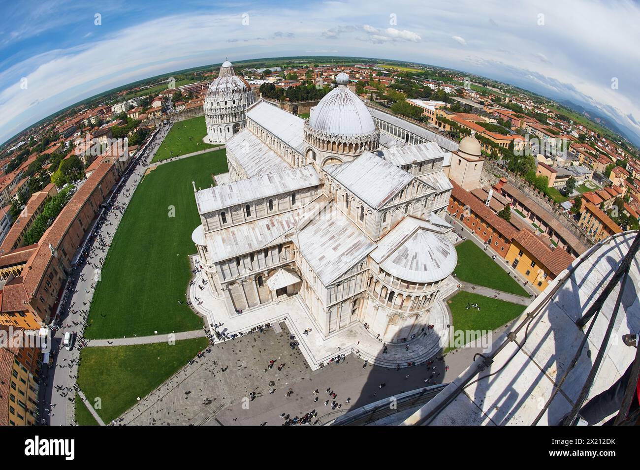 Iconic view from atop Pisa Tower with fisheye lens: cathedral, tourists ...